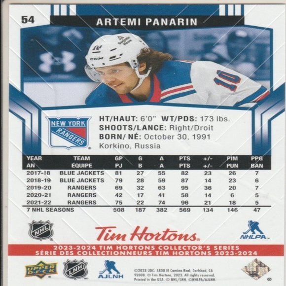 Upper Deck | Toys | Artemi Panarin Ny Rangers 2232024 Tim Hortons ...